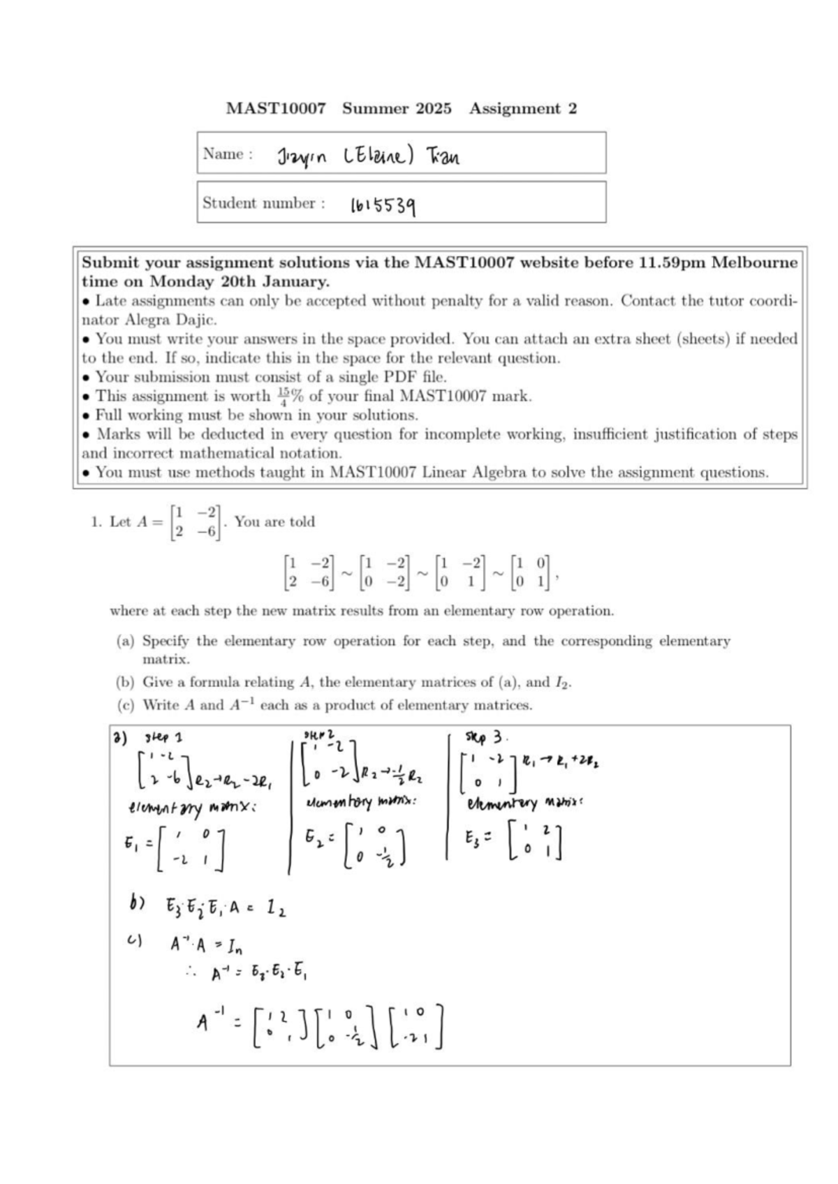 Summer 2025 Linear Algebra Assignment 2 Solutions by Jayin Tian - Studocu
