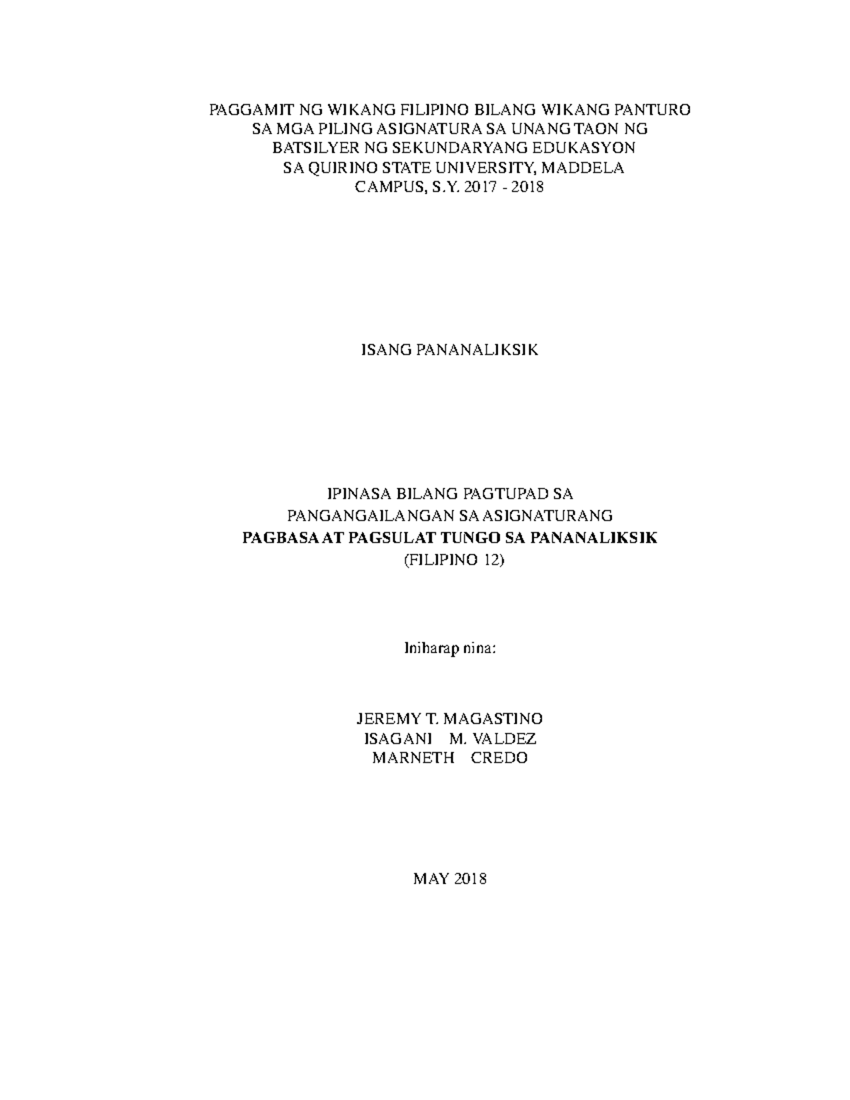 Pananaliksik sa Paggamit ng Wikang Filipino sa BSE I (Filipino 12 ...