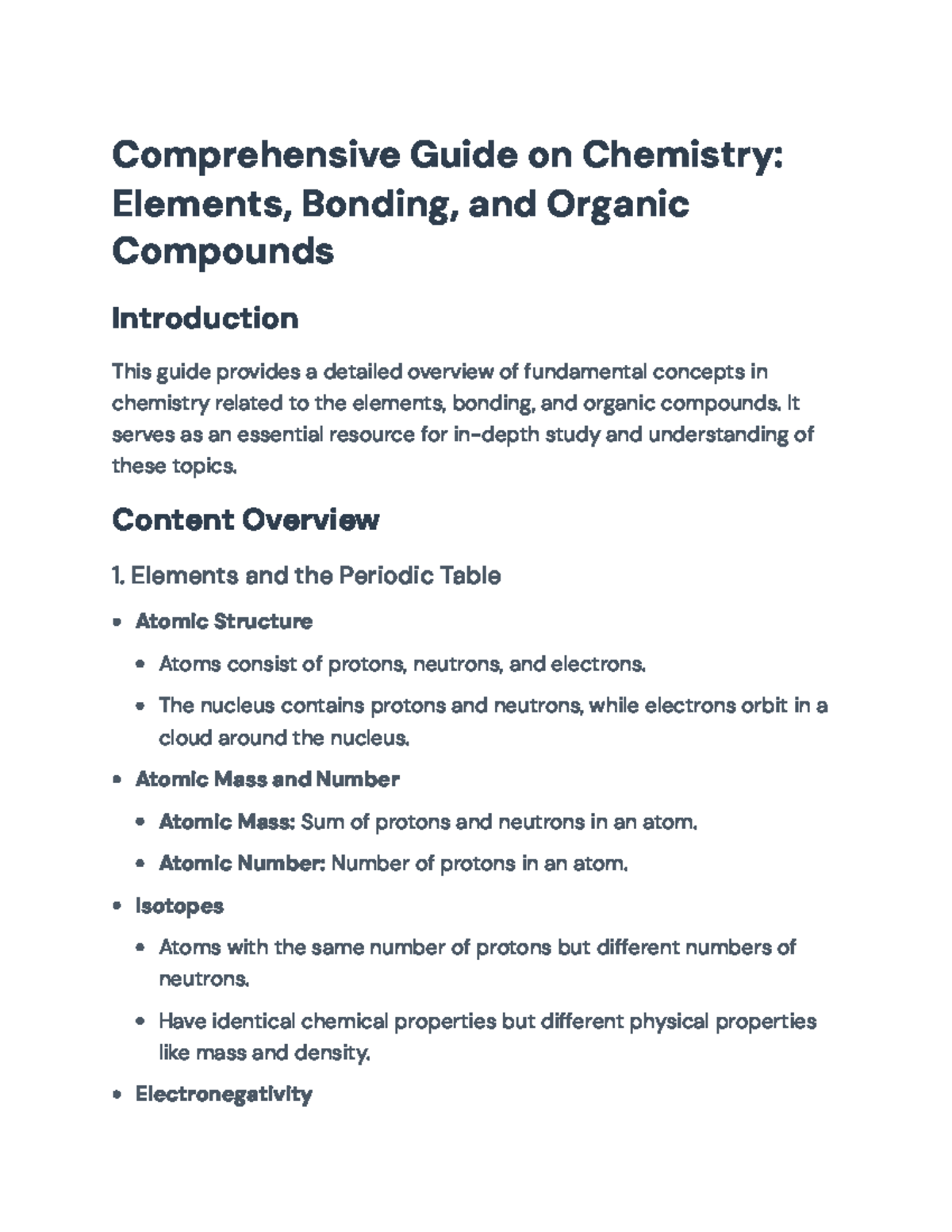 Comprehensive Chemistry Guide: Elements, Bonding, and Organic Compounds ...