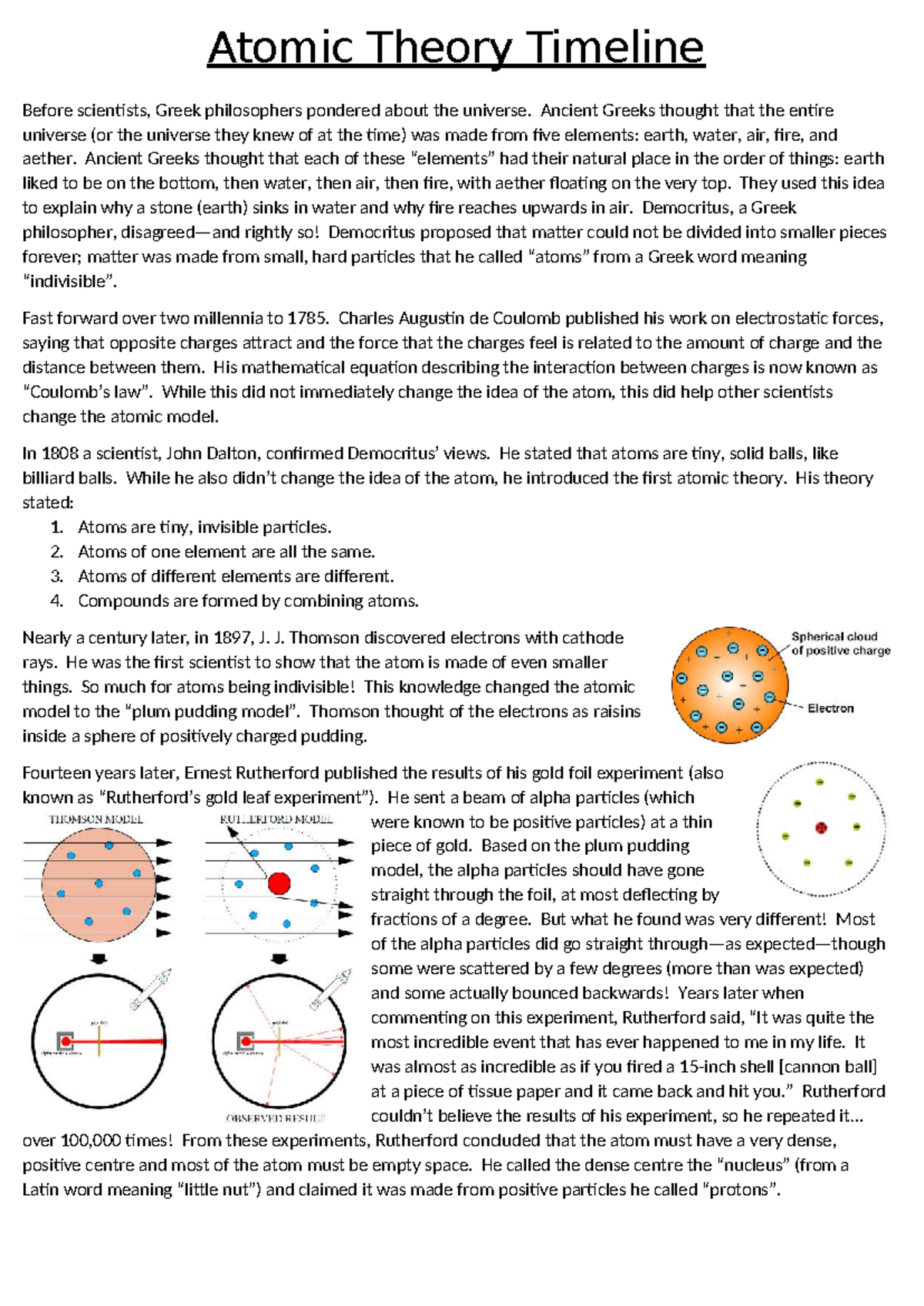 Atomic Theory Timeline: Key Discoveries and Models - Studocu