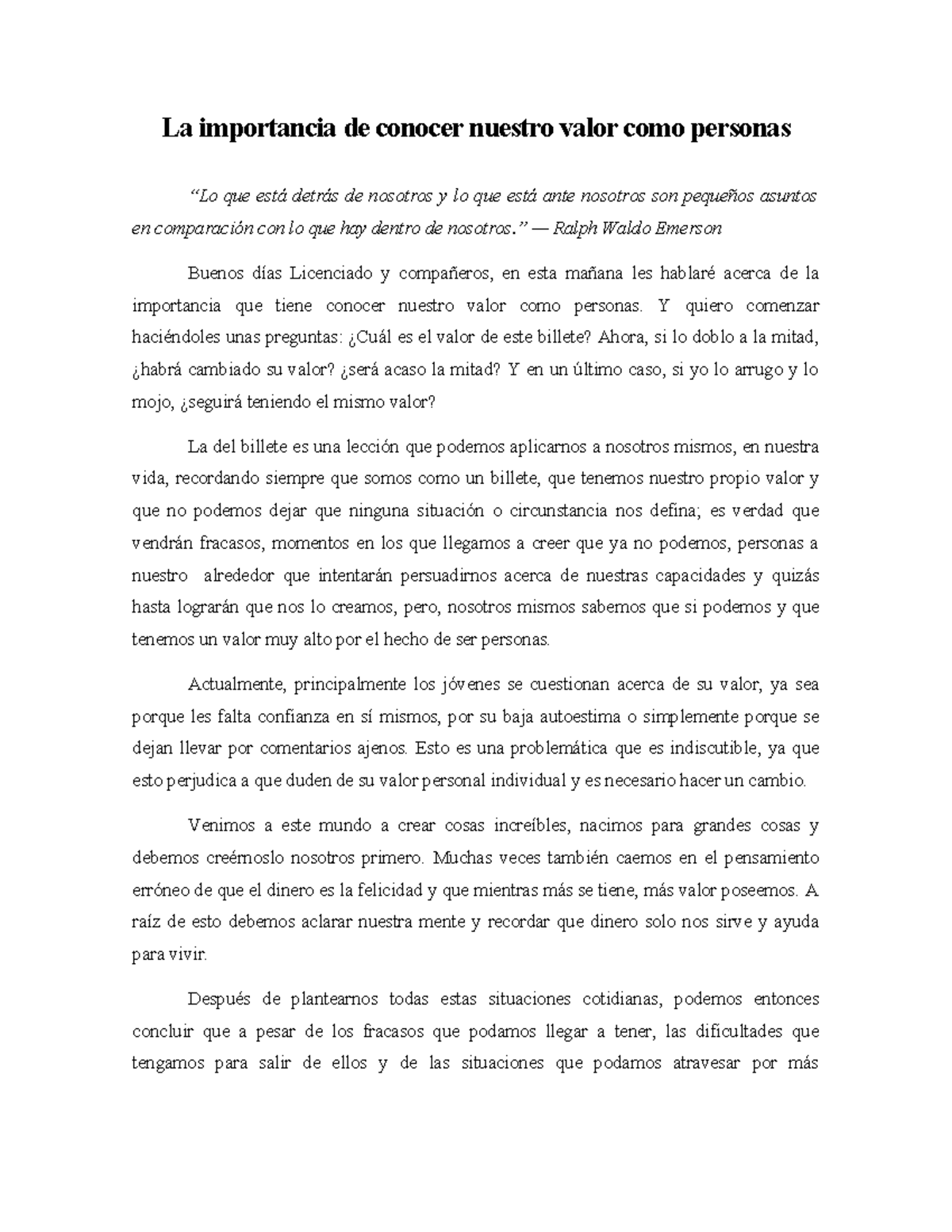 La Importancia de Conocer Nuestro Valor Personal: Reflexiones - Studocu