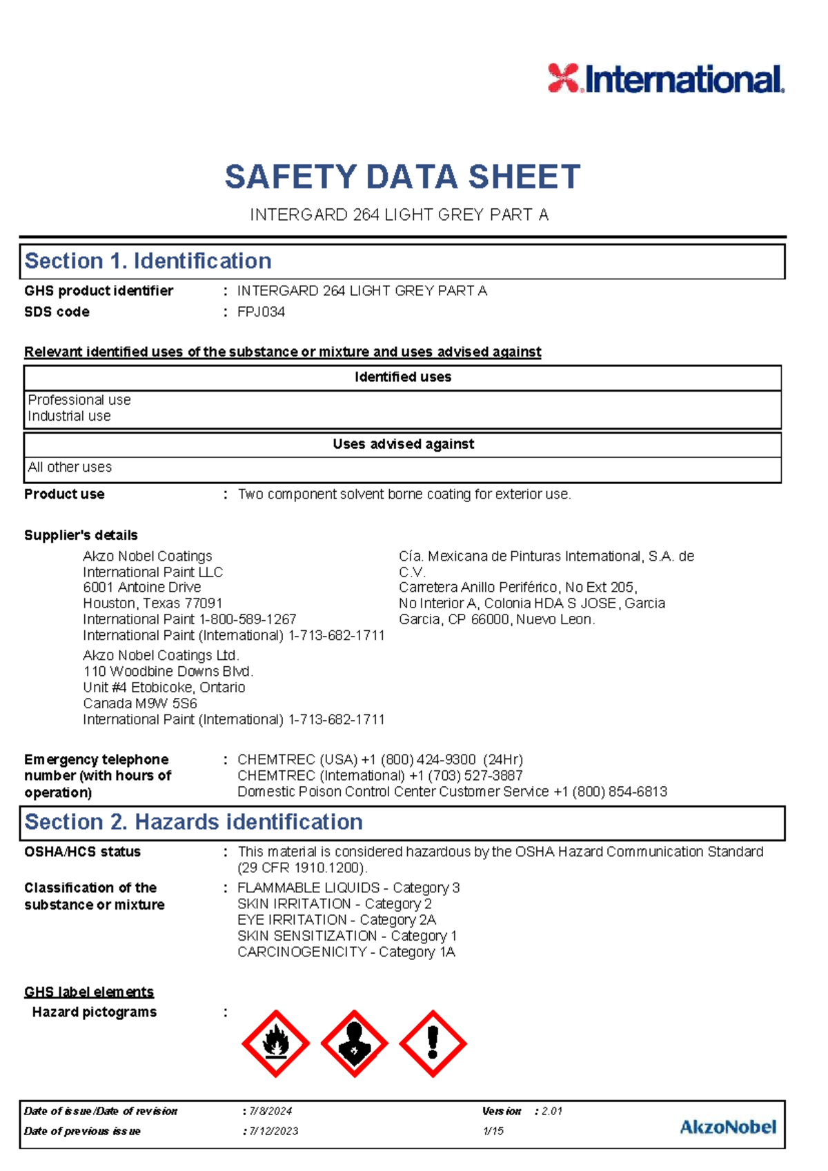 SDS for INTERGARD 264 LIGHT GREY PART A - Safety Data Sheet - Studocu