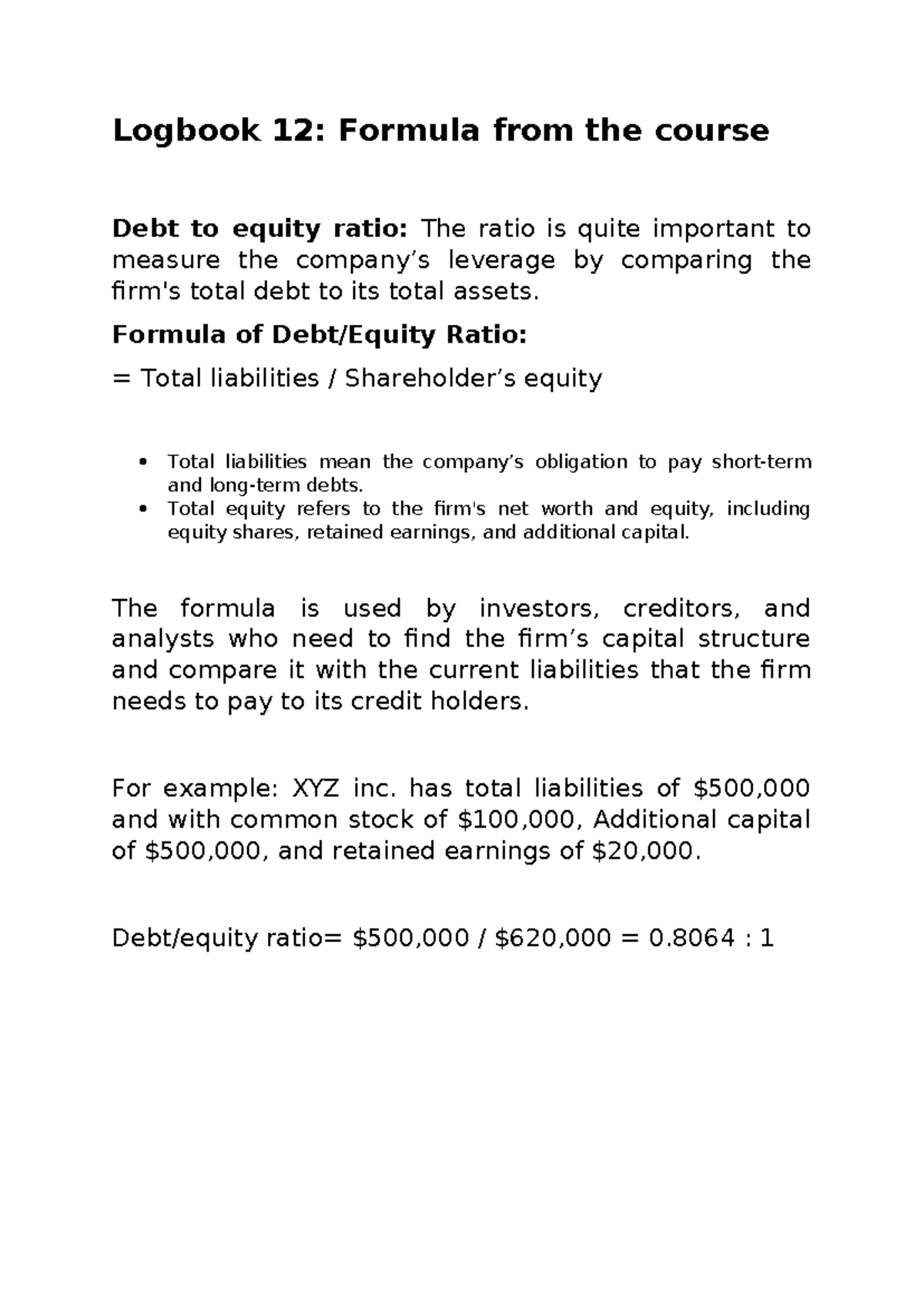 Logbook 12: Understanding Debt to Equity Ratio Formula - Studocu