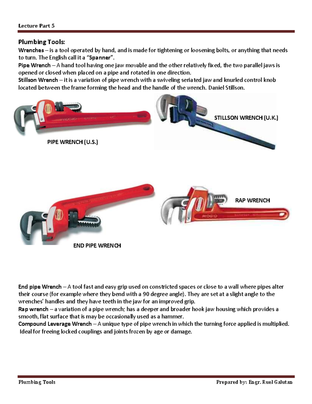 Plumbing Tools Overview: Essential Wrenches and Mechanisms - Studocu
