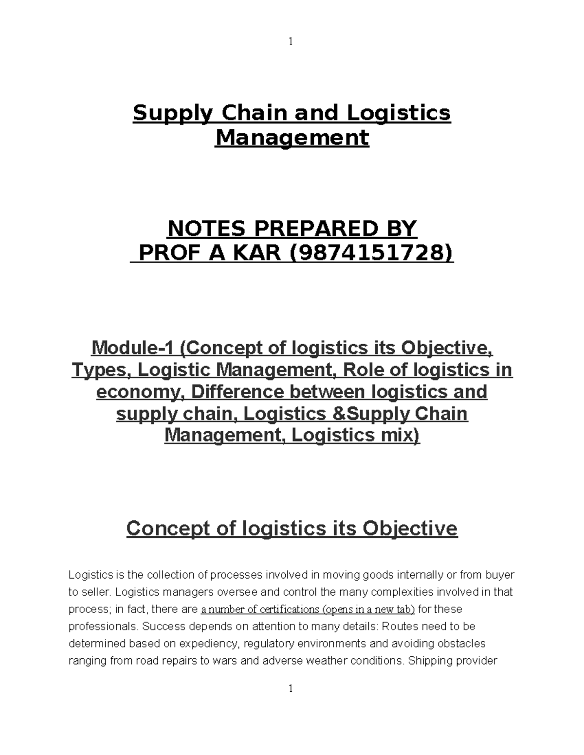 Supply Chain Management (SCM) Lecture Notes by Prof A Kar (9874151728 ...