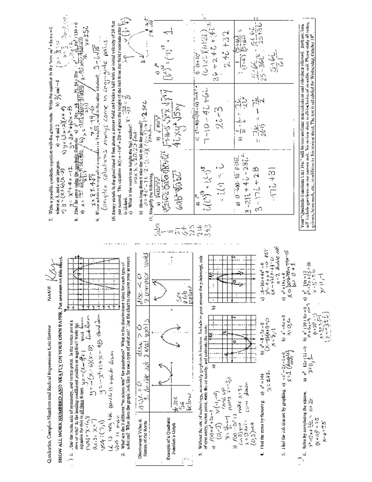 Quad Unit Review sheet KEY - Quadratics, Complex Numbers and Radical ...