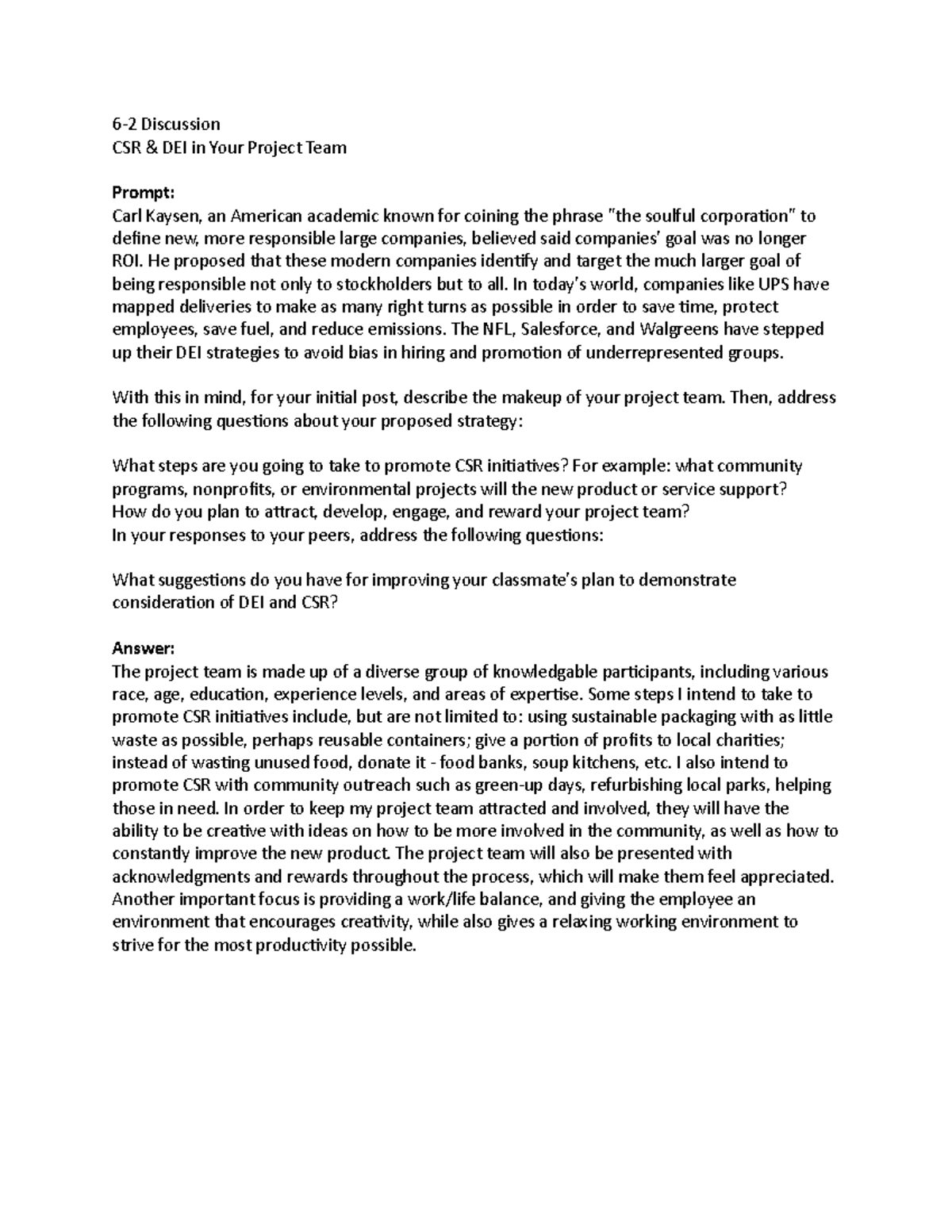 6-2 Discussion: Enhancing CSR & DEI Strategies in Project Teams - Studocu