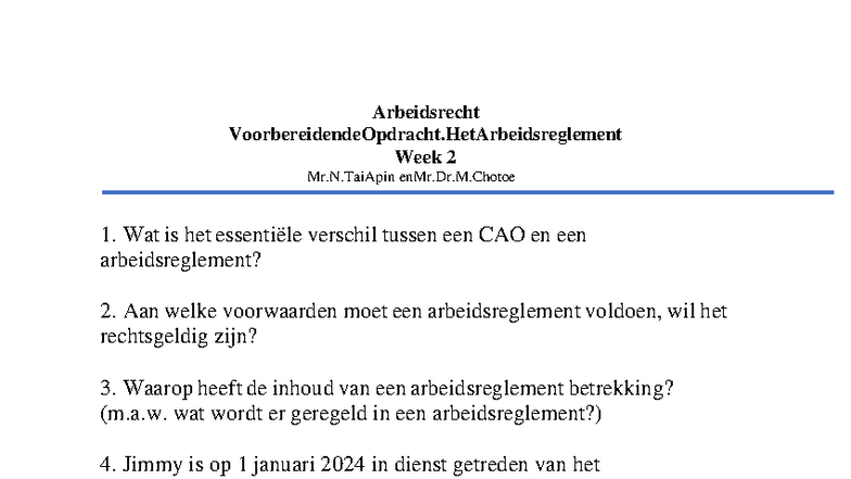 Arbeidsrecht Voorbereidende Opdracht: Het Arbeidsreglement Week 2 - Studocu