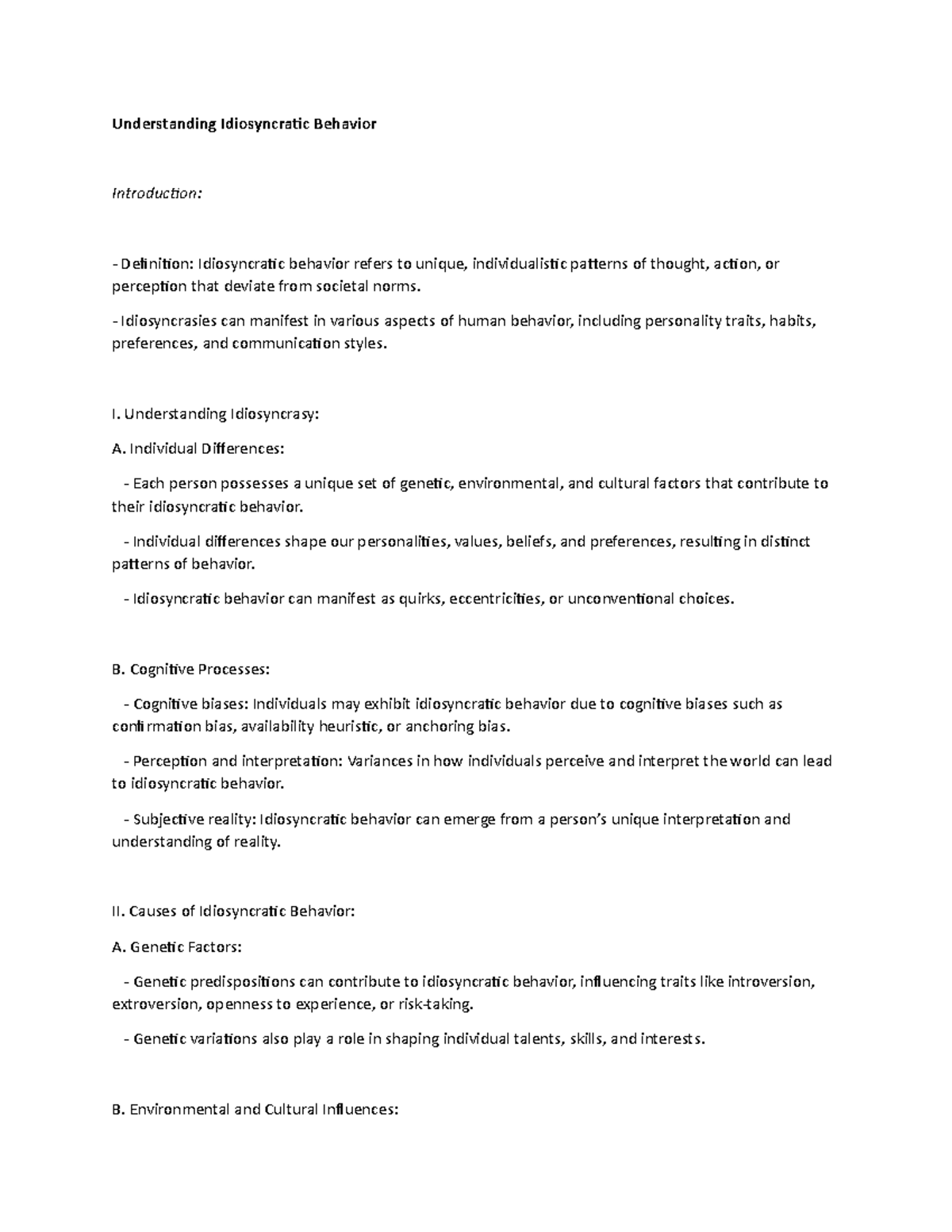 Understanding Idiosyncratic Behavior - Understanding Idiosyncratic ...