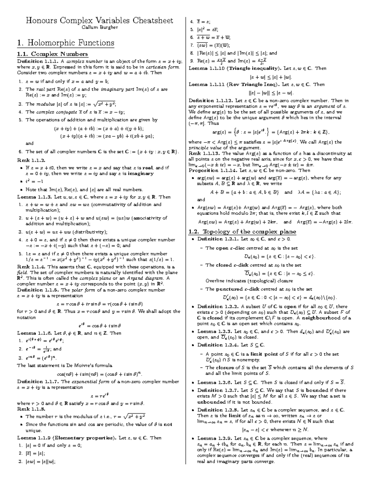 Honours Complex Variables Cheatsheet: Key Concepts and Formulas - Studocu