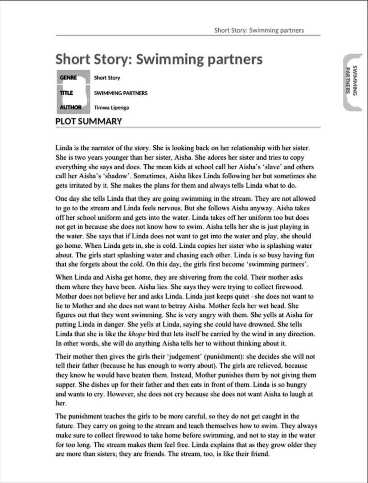 Swimming Partners Analysis: A Study of Timwa Lipenga's Short Story ...