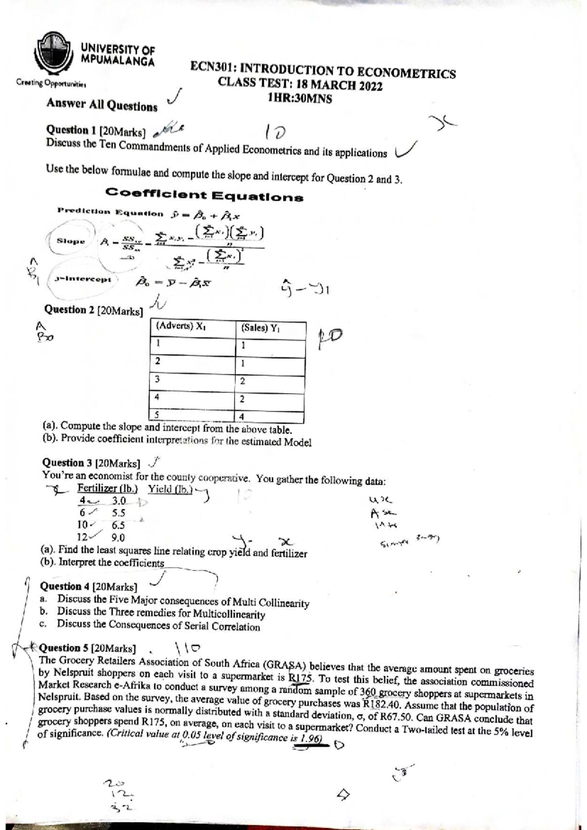 ECN301: Introduction to Econometrics Class Test & Exam Questions - Studocu