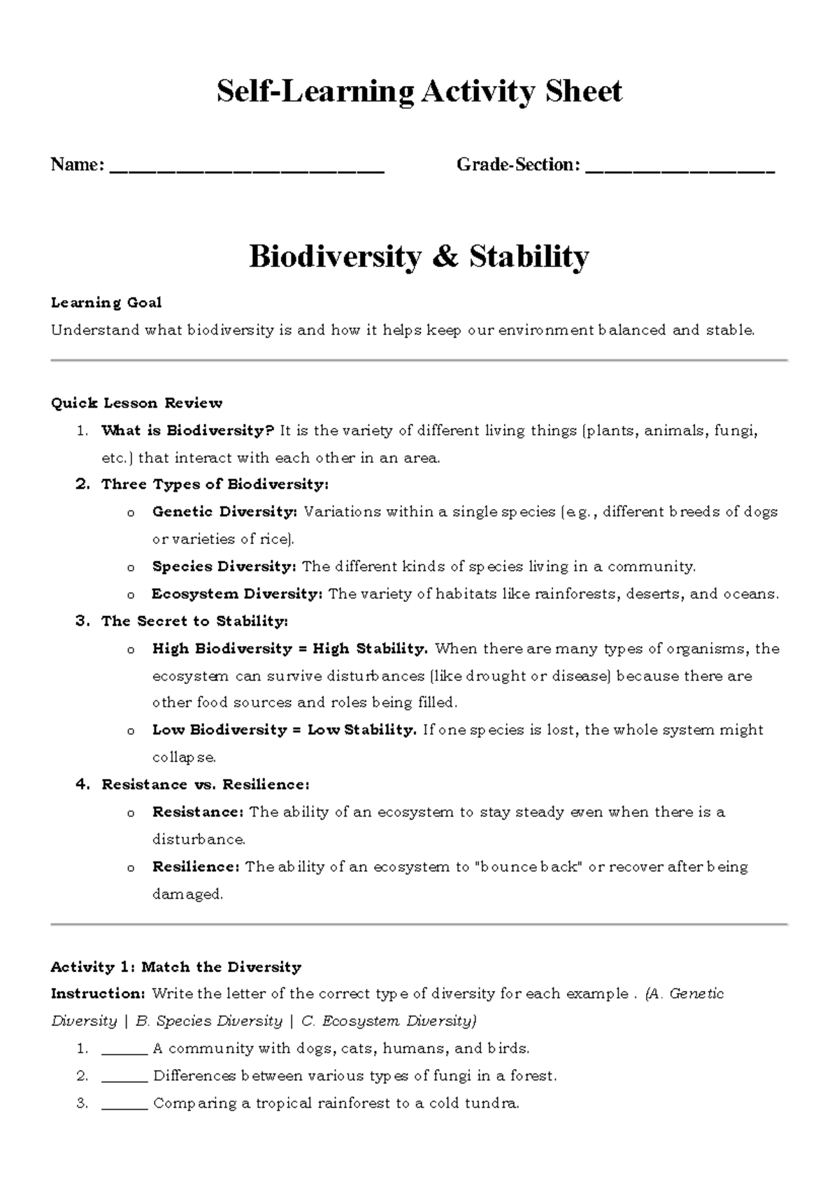 LAS Activity Sheet: Understanding Biodiversity & Stability - Studocu