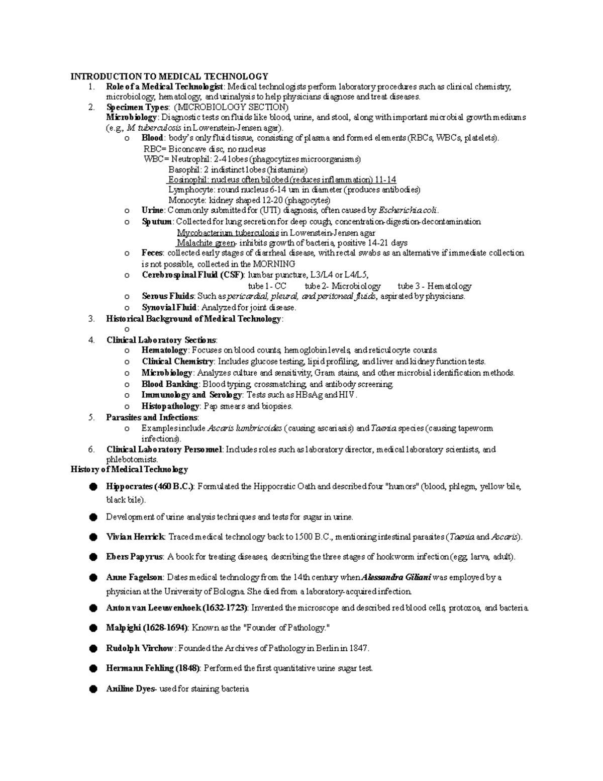 INTRO TO MEDTECH - INTRODUCTION TO MEDICAL TECHNOLOGY 1. Role of a ...