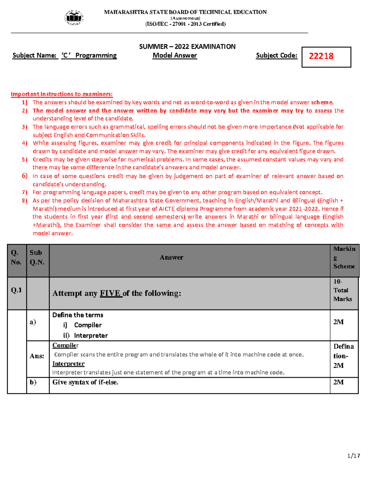 22218 2022 Summer Model Answer Paper Msbte Study Resources