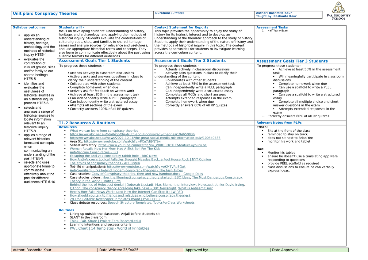 Unit Plan: Conspiracy Theories (10 Weeks) - HTE - Studocu