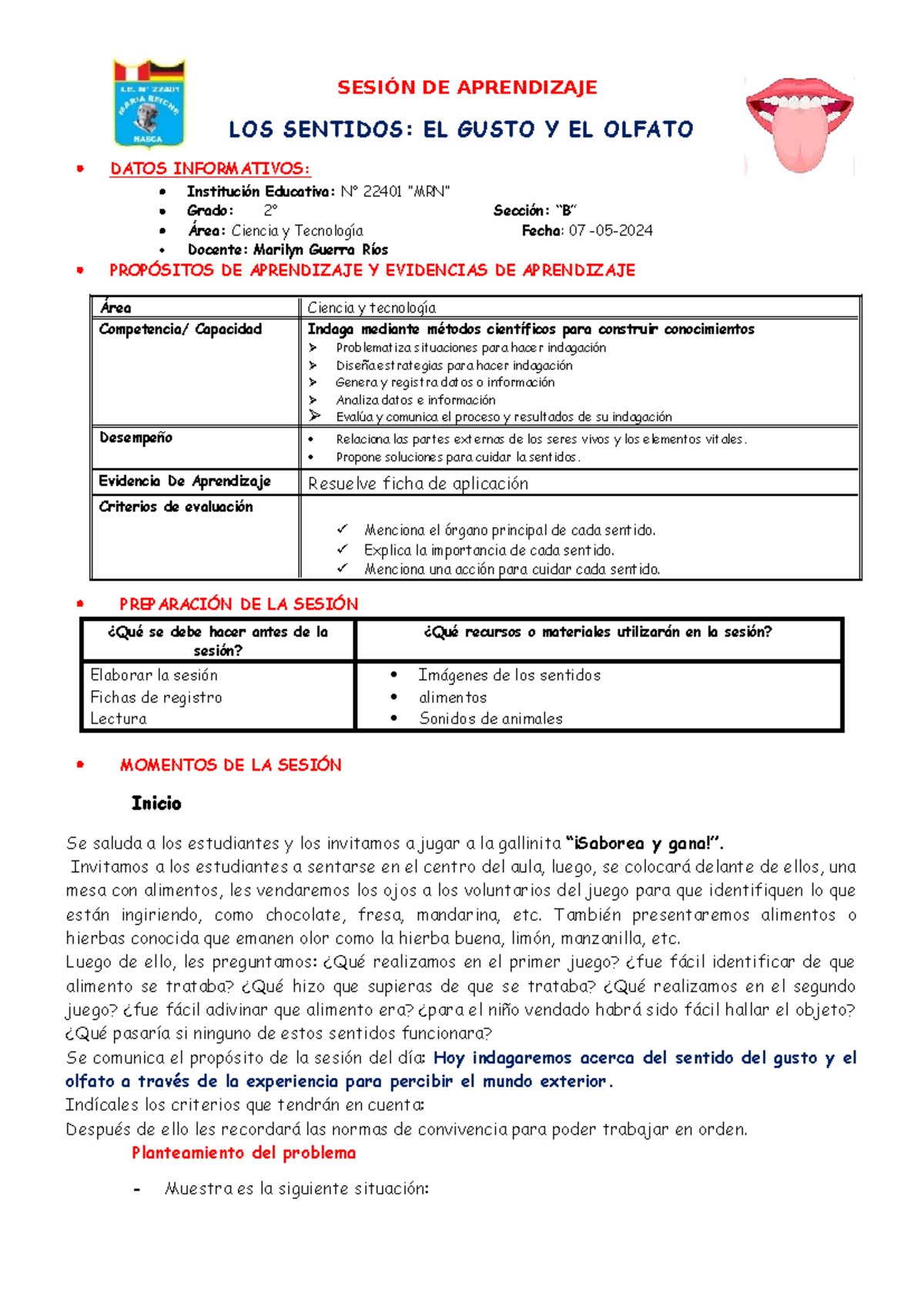SESION DE APRENDIZAJE: LOS SENTIDOS DEL GUSTO Y OLFATO - CIENCIA 22401 ...