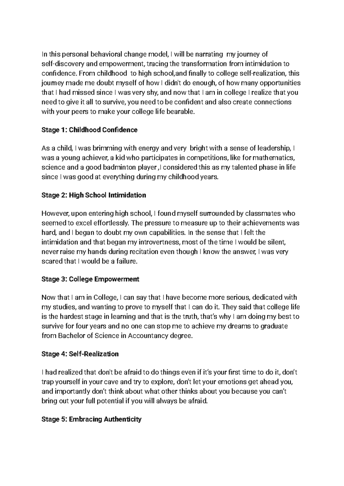 Untitled document 2 - In this personal behavioral change model, I will ...