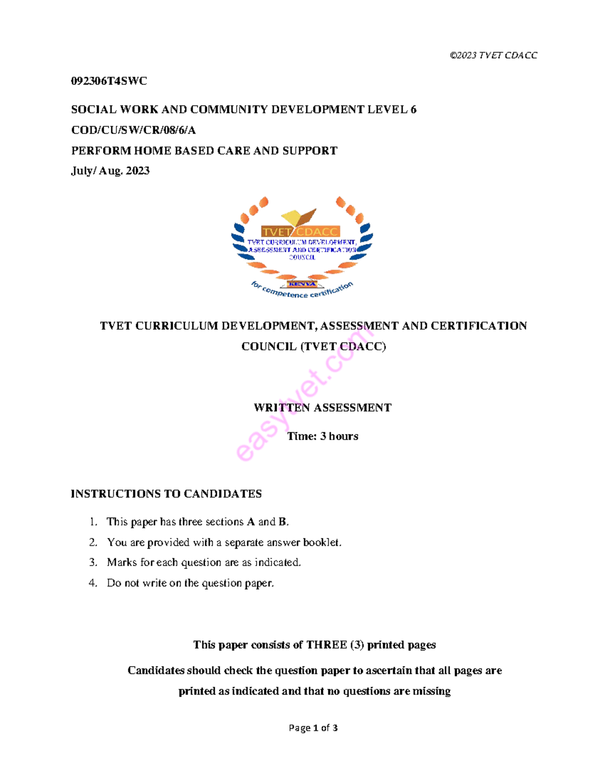 TVET CDACC 092306T4SWC Home Based Care & Support Assessment Aug 2023 ...