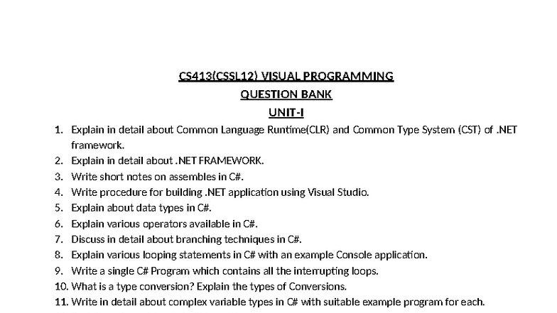 CS413(CSSL12) Visual Programming Question Bank: Key Concepts & Examples - Studocu