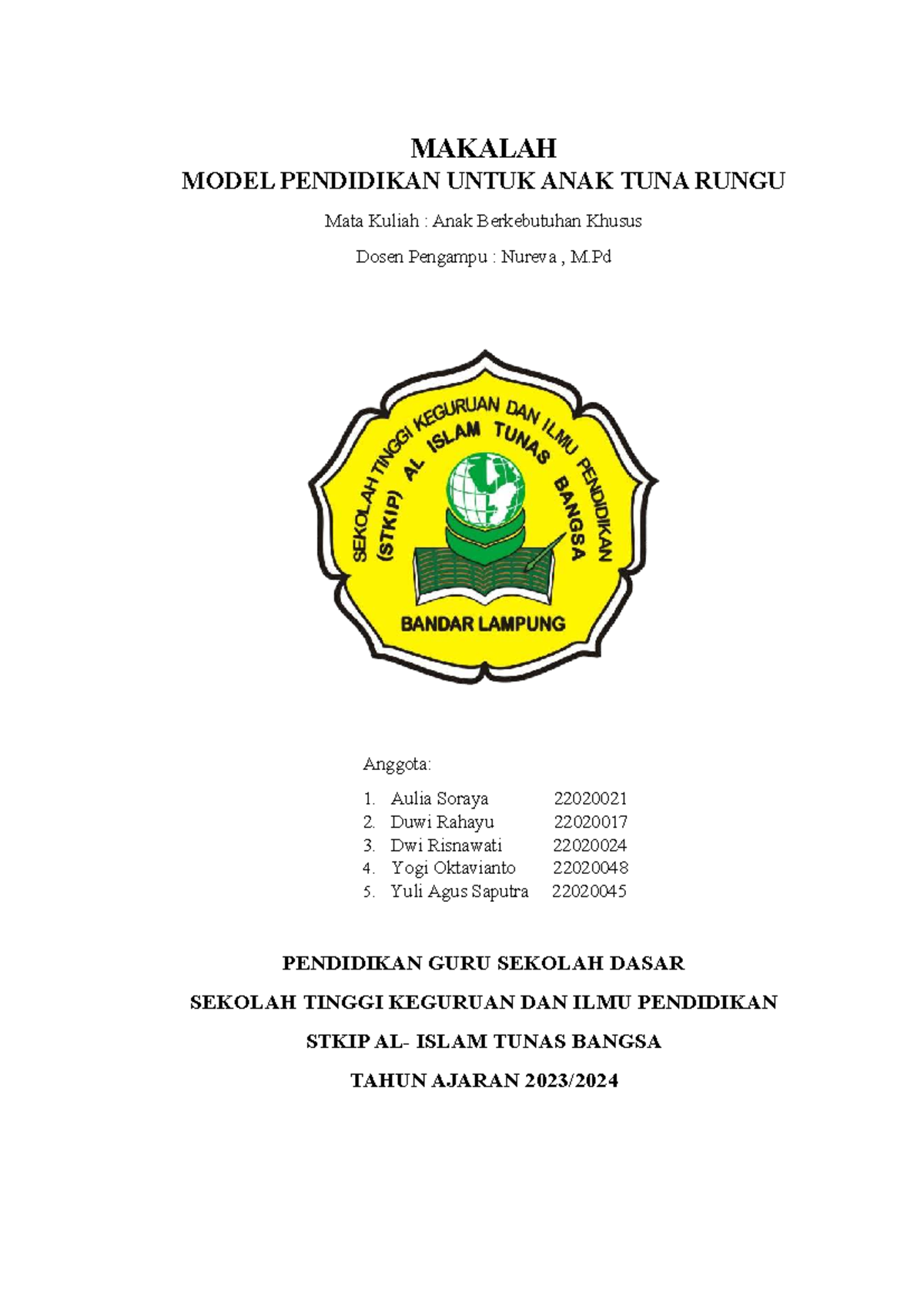 Makalah ABK 22020021: Model Pendidikan untuk Anak Tunarungu - Studocu