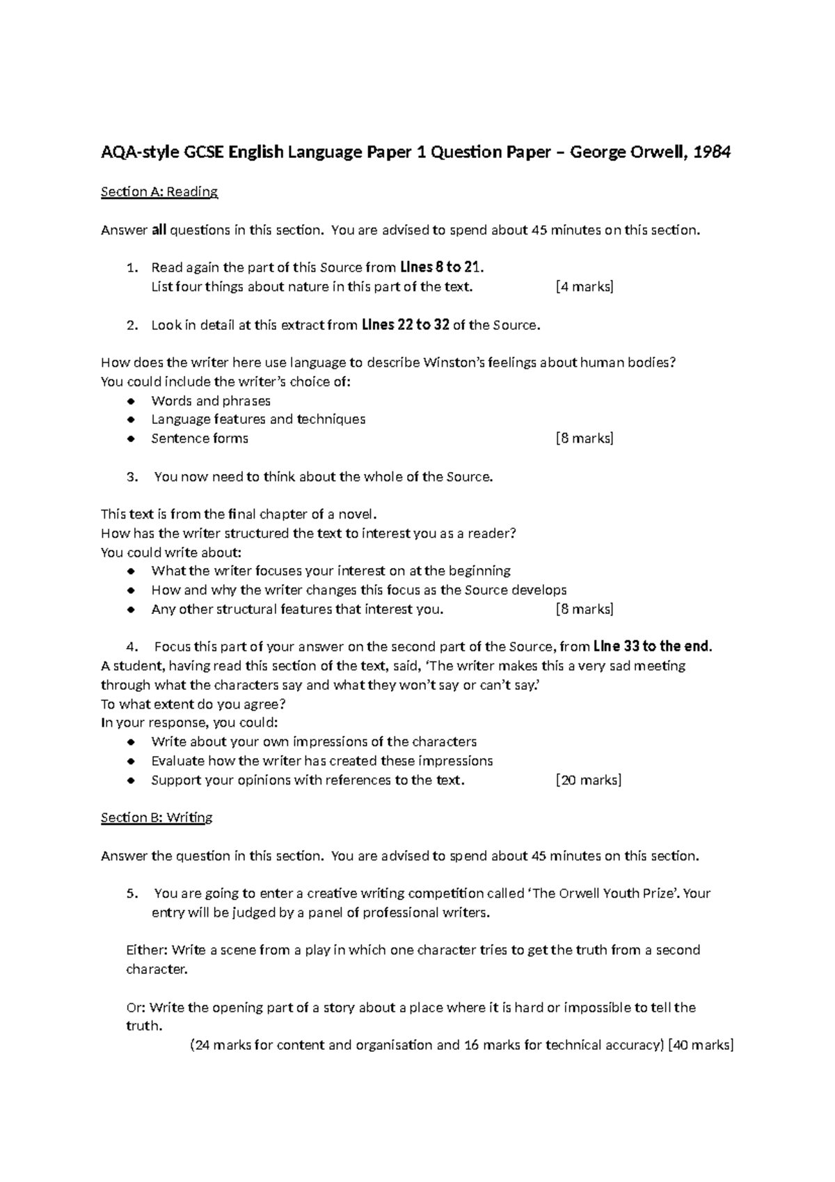 AQA GCSE English Language Paper 1 Practice Questions - Studocu