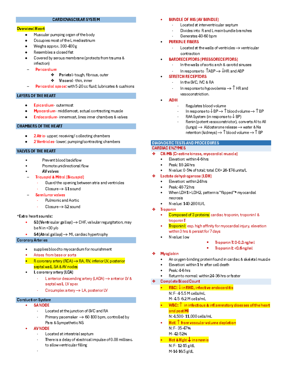 Cardiovascular System Overview: Cardiac Function and Oxygenation - Studocu