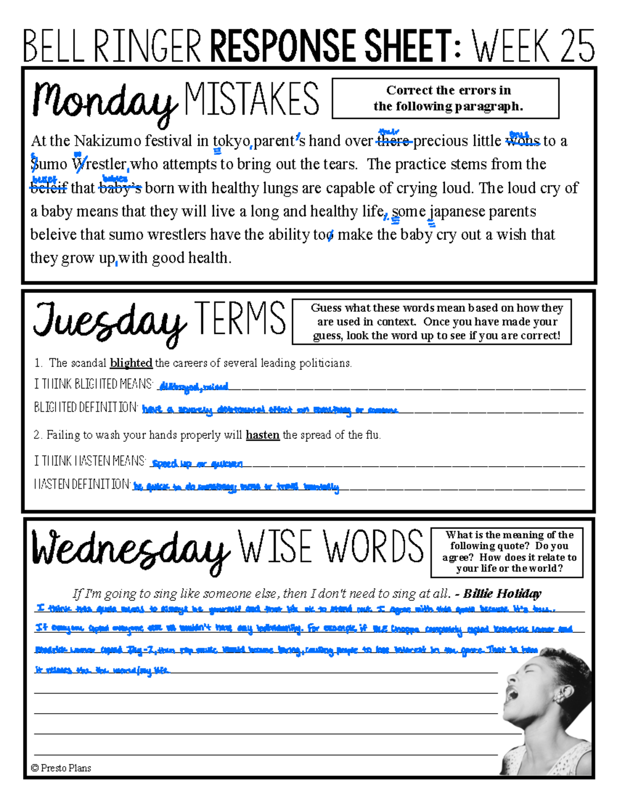 W25 - Bell Ringer & Weekly Notes on Language & Reflection Activities ...