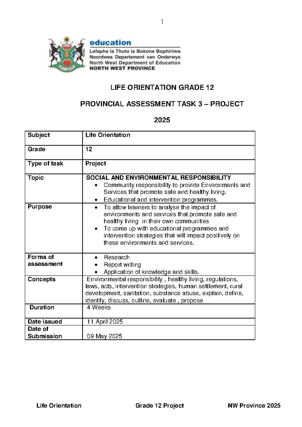 Life Orientation Grade 12 Project: Social & Environmental ...