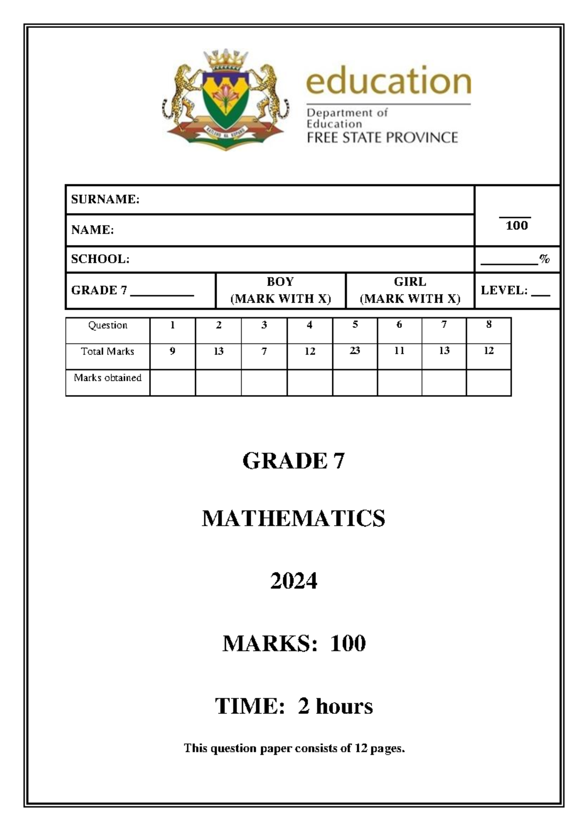 Grade 7 Mathematics JUNE 2024 TEST - Question Paper - Studocu