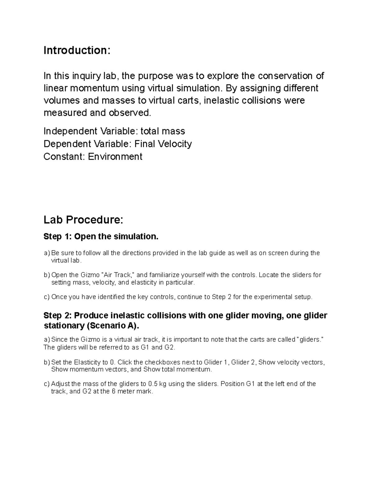 Lab Report 3: Exploring Conservation of Linear Momentum in Inelastic ...
