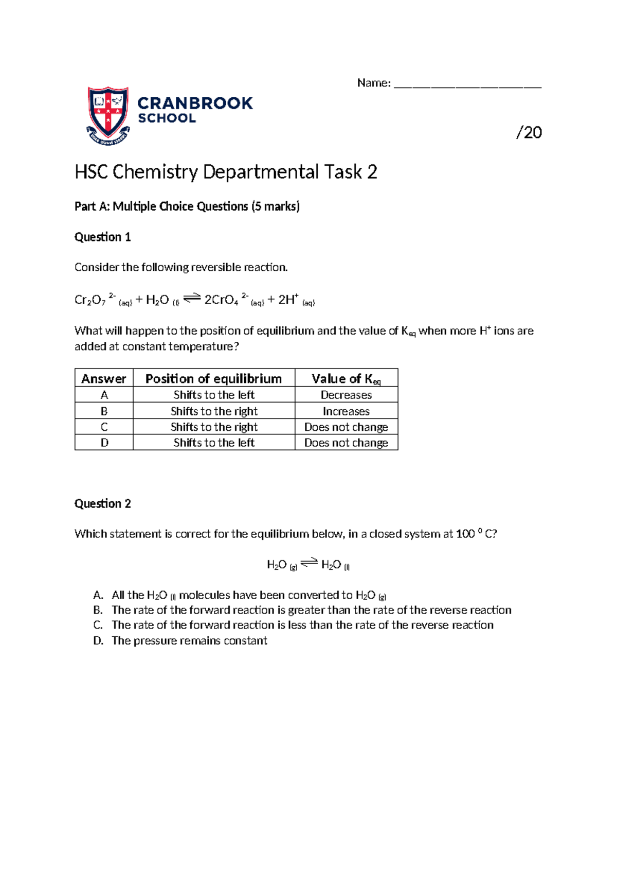 HSC Chemistry Task 2: Equilibrium and Reaction Scenarios - Studocu