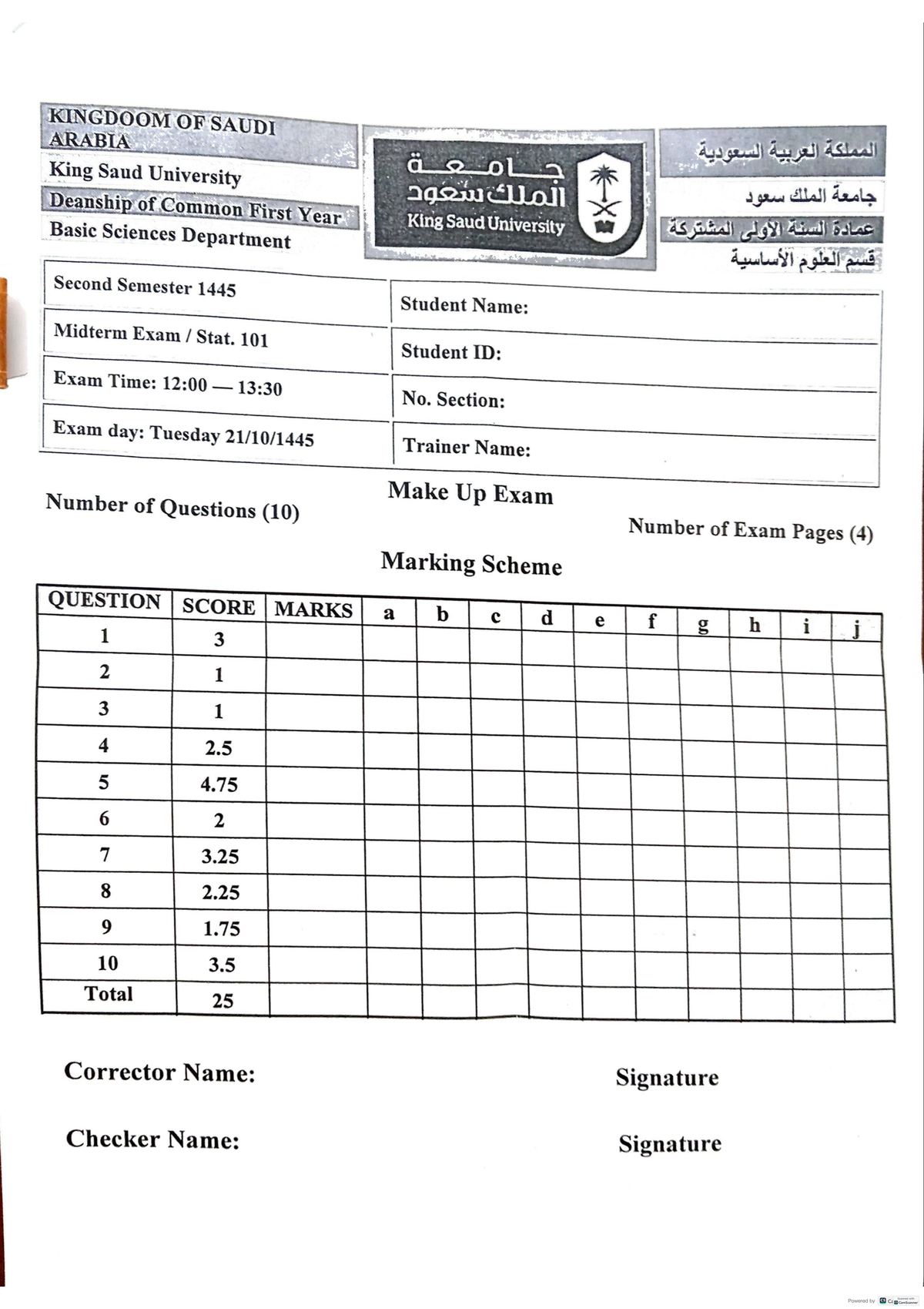 Midterm Exam Stat. 101 - King Saud University - 2nd Semester 1445 - Studocu