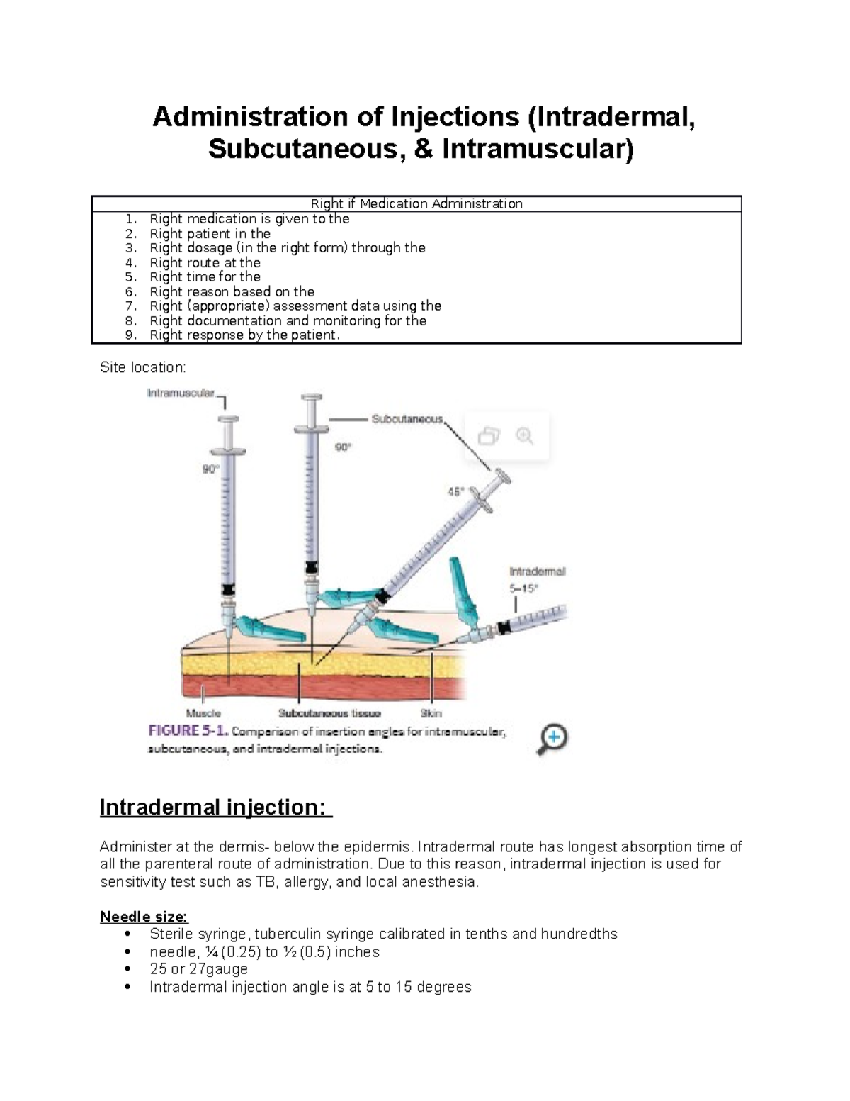 Administration of Injections - Site location: Intradermal injection ...