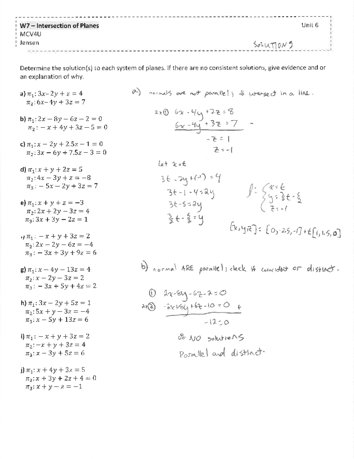 Worksheet - Intersection of Planes Unit 6 MCV4U Answers - Studocu