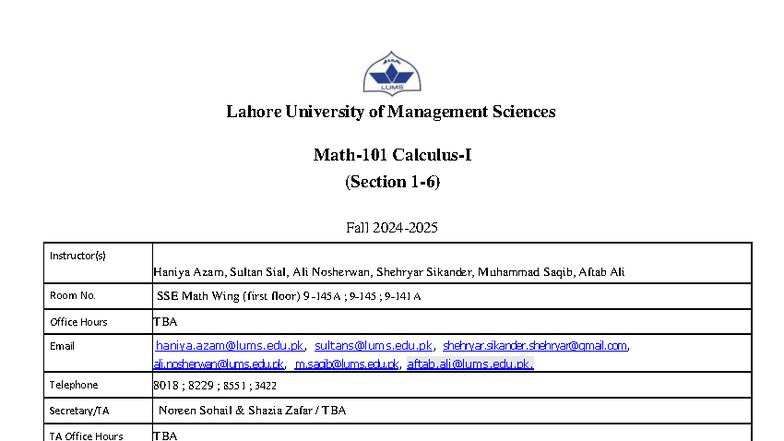 Calculus-I Math-101 Course Outline for Fall 2024-2025 - Studocu