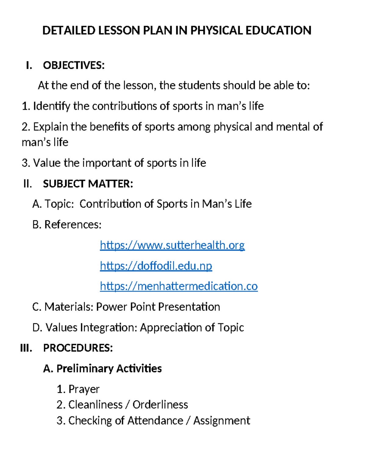Detailed Lesson Plan in PE I: Contributions & Benefits of Sports - Studocu