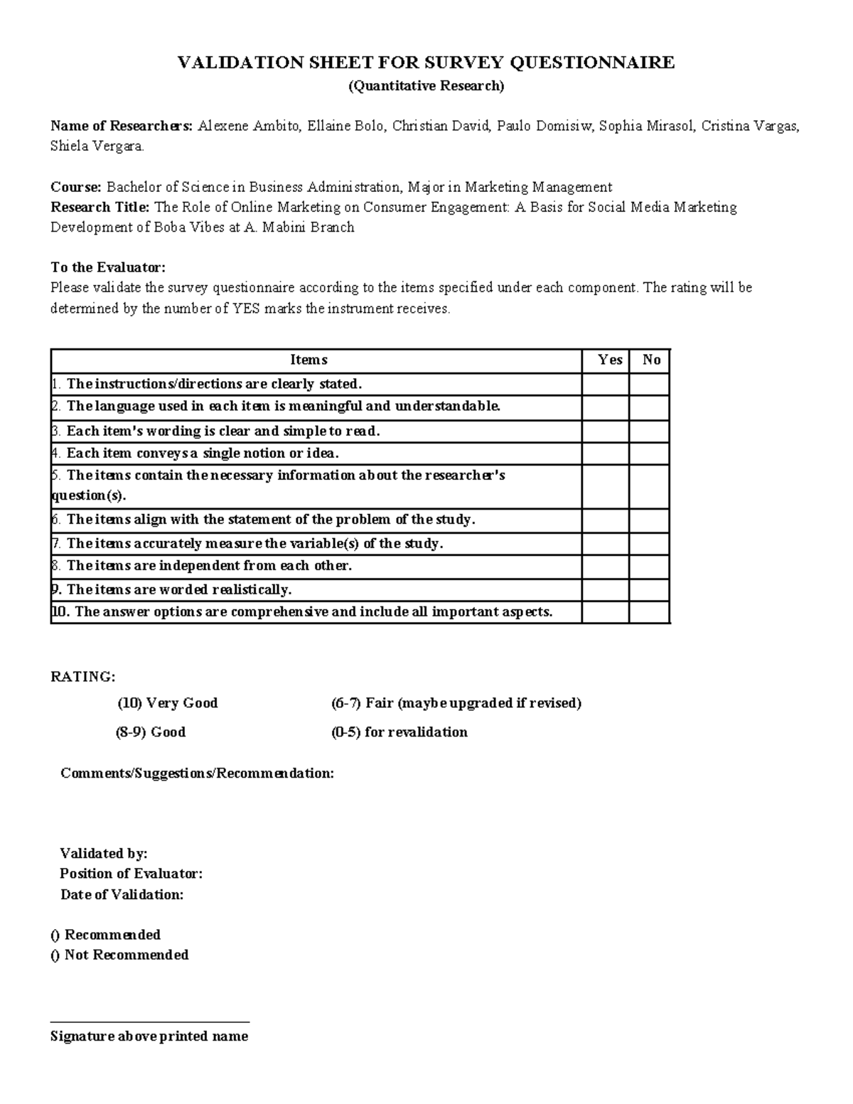 Validate (my feelings) - VALIDATION SHEET FOR SURVEY QUESTIONNAIRE (Quantitative Research) Name ...