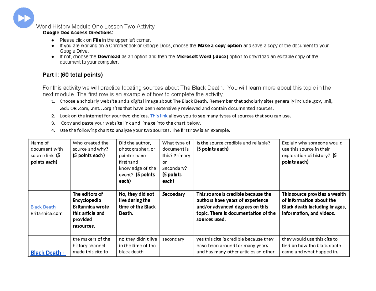 Copy of World History Module One Lesson Two Activity - World History ...