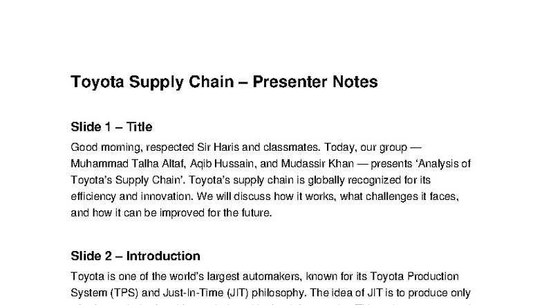 Toyota Supply Chain Presentation Notes: Challenges & Innovations - Studocu