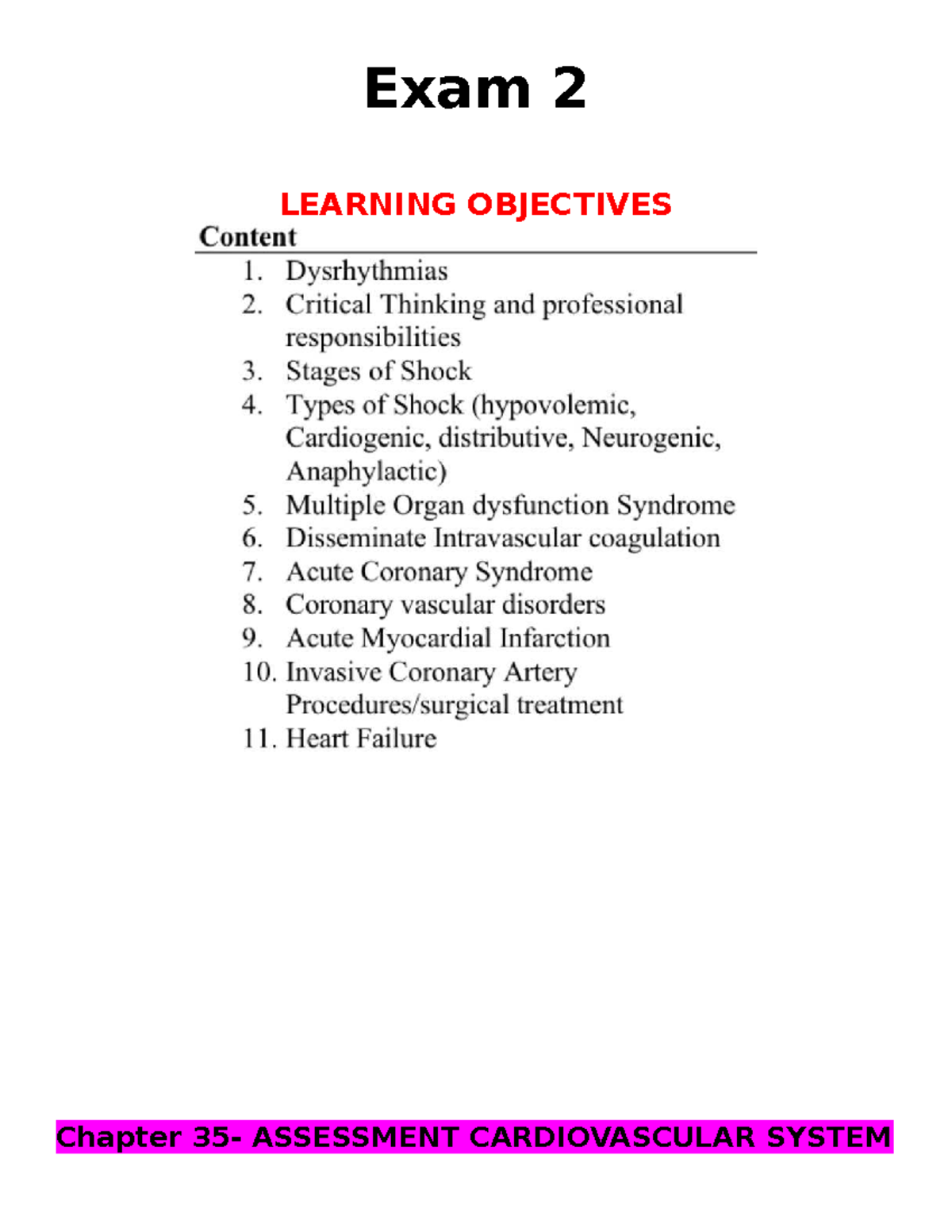 Advanced Med Surg Exam 2: Cardiovascular System Learning Objectives ...