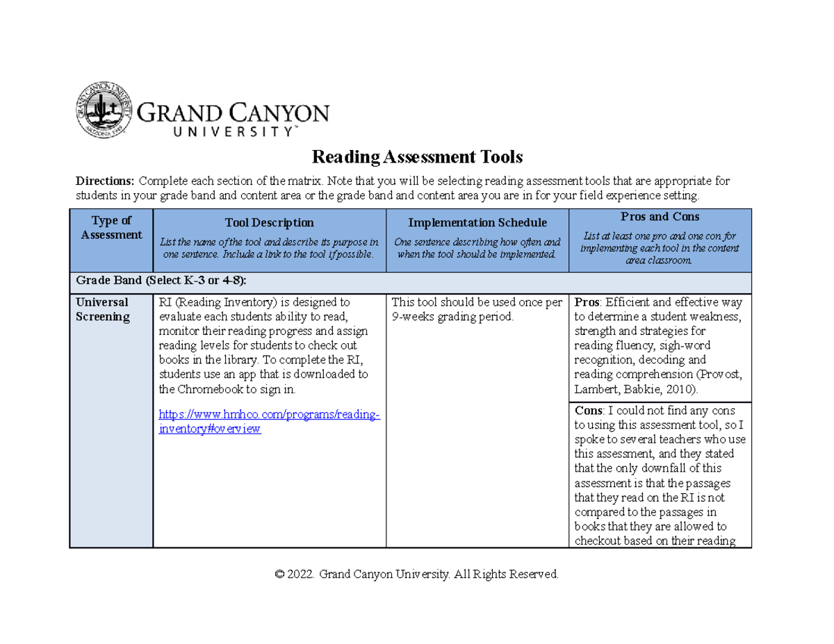 REA-325 T3 Reading Assessment Tools Matrix and Implementation Guide ...
