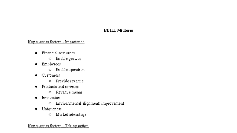 BU111 Midterm Notes: Key Success Factors & Strategic Analysis - Studocu