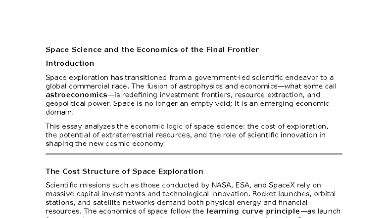 Space Science and Economics: The Final Frontier Essay Analysis - Studocu