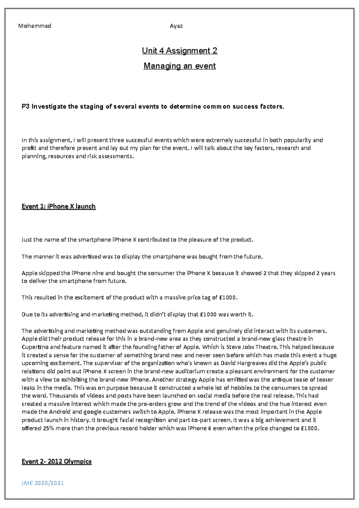 Unit 4 Assignment 2 Business 2020 21 Managing An Event Unit 4