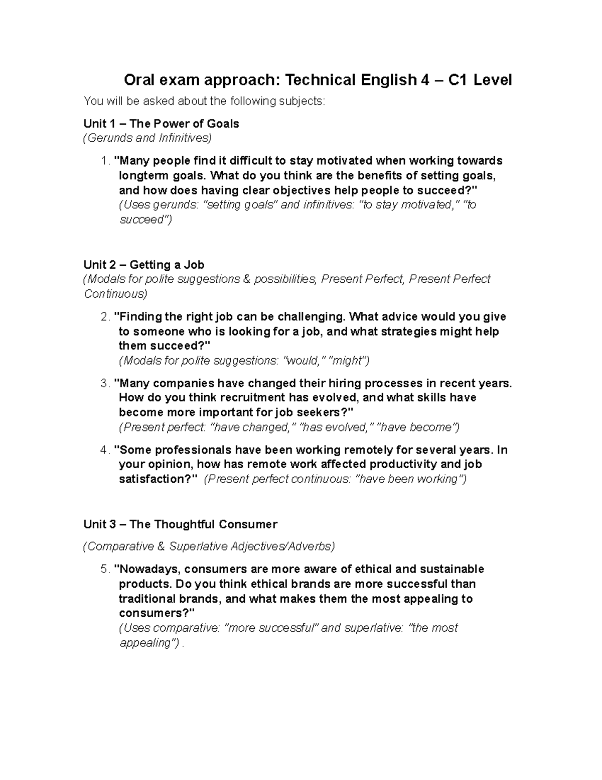 Oral Exam Questions & Rubric - Technical English 4 (C1) - T4 FS2025 ...