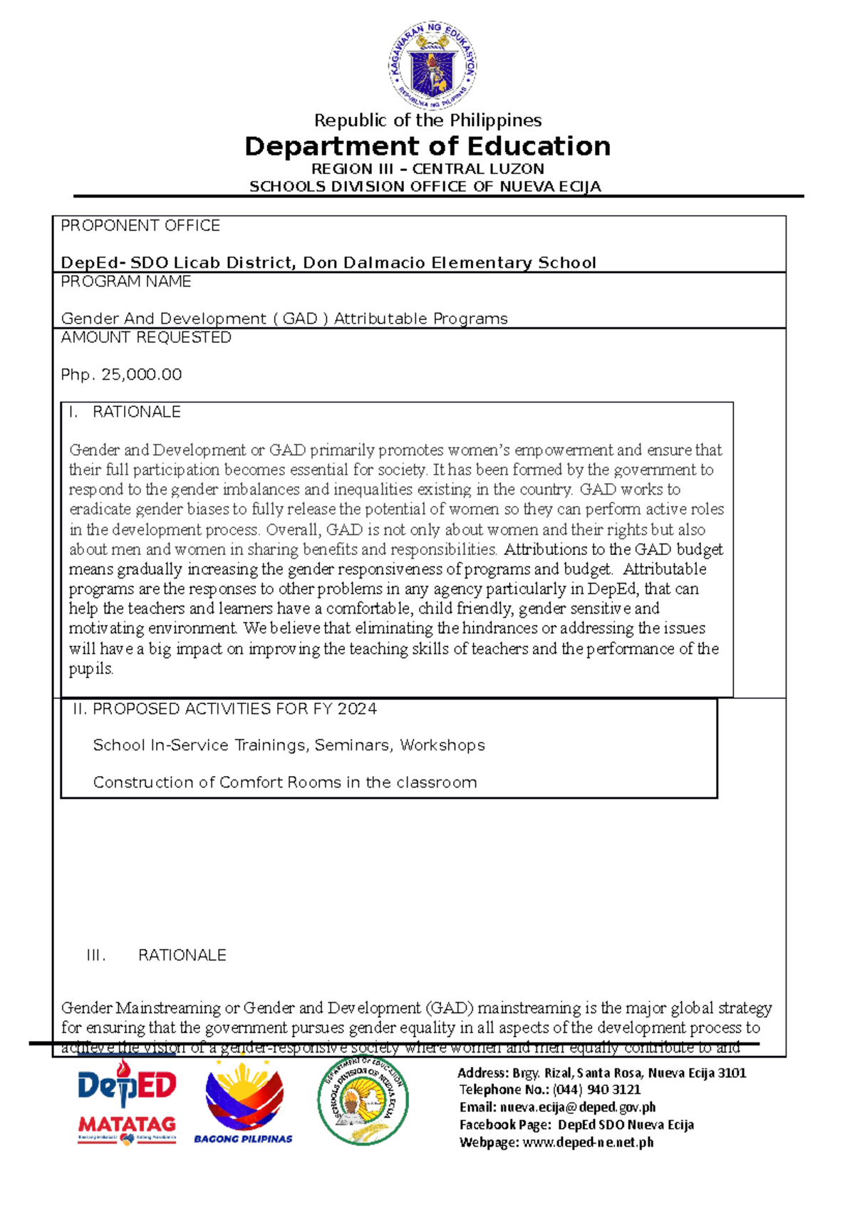 GAD Proposal 2024 for Don Dalmacio ES: Empowering Women and Education ...