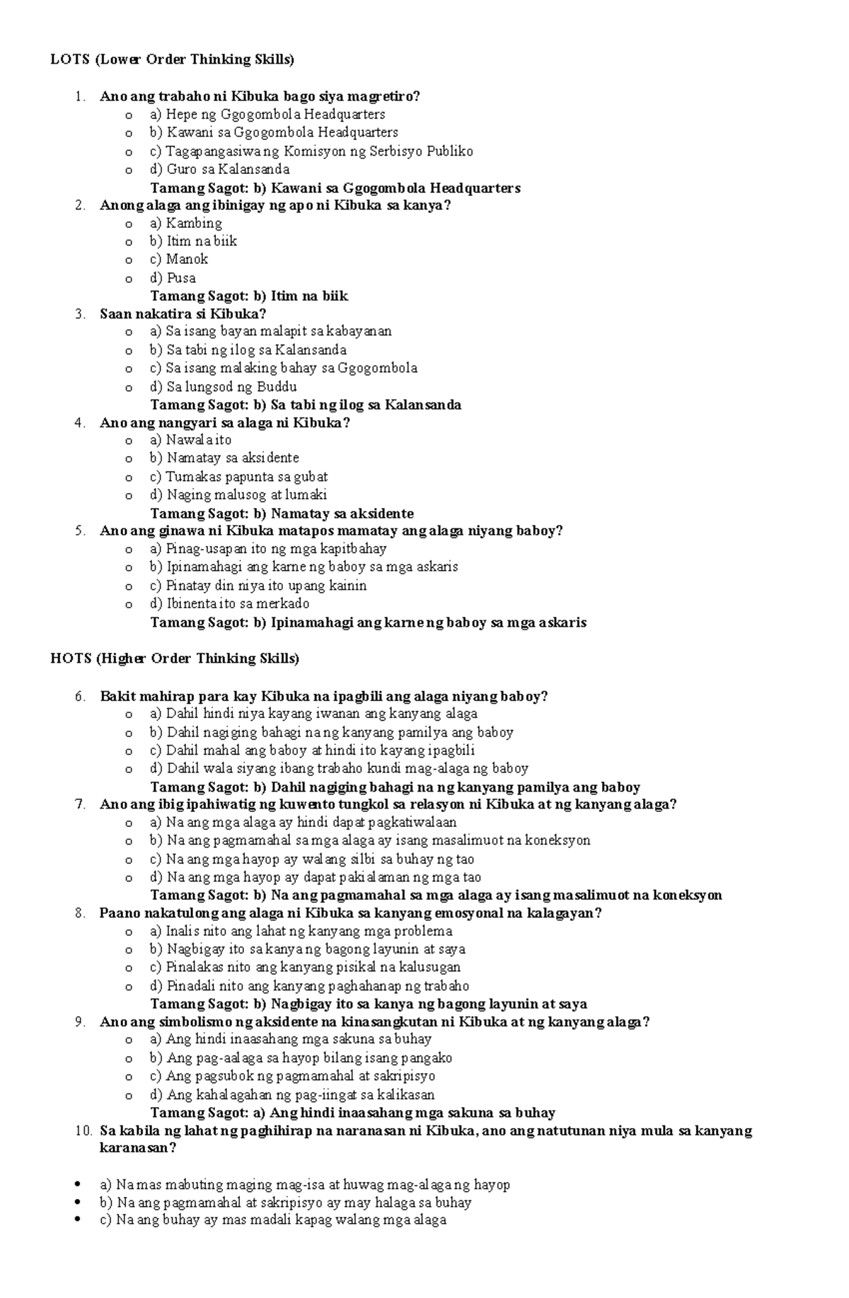 QUIZ ANG Alaga - IT CAN HELP IN YOUR ASSESSMENT. - LOTS (Lower Order ...