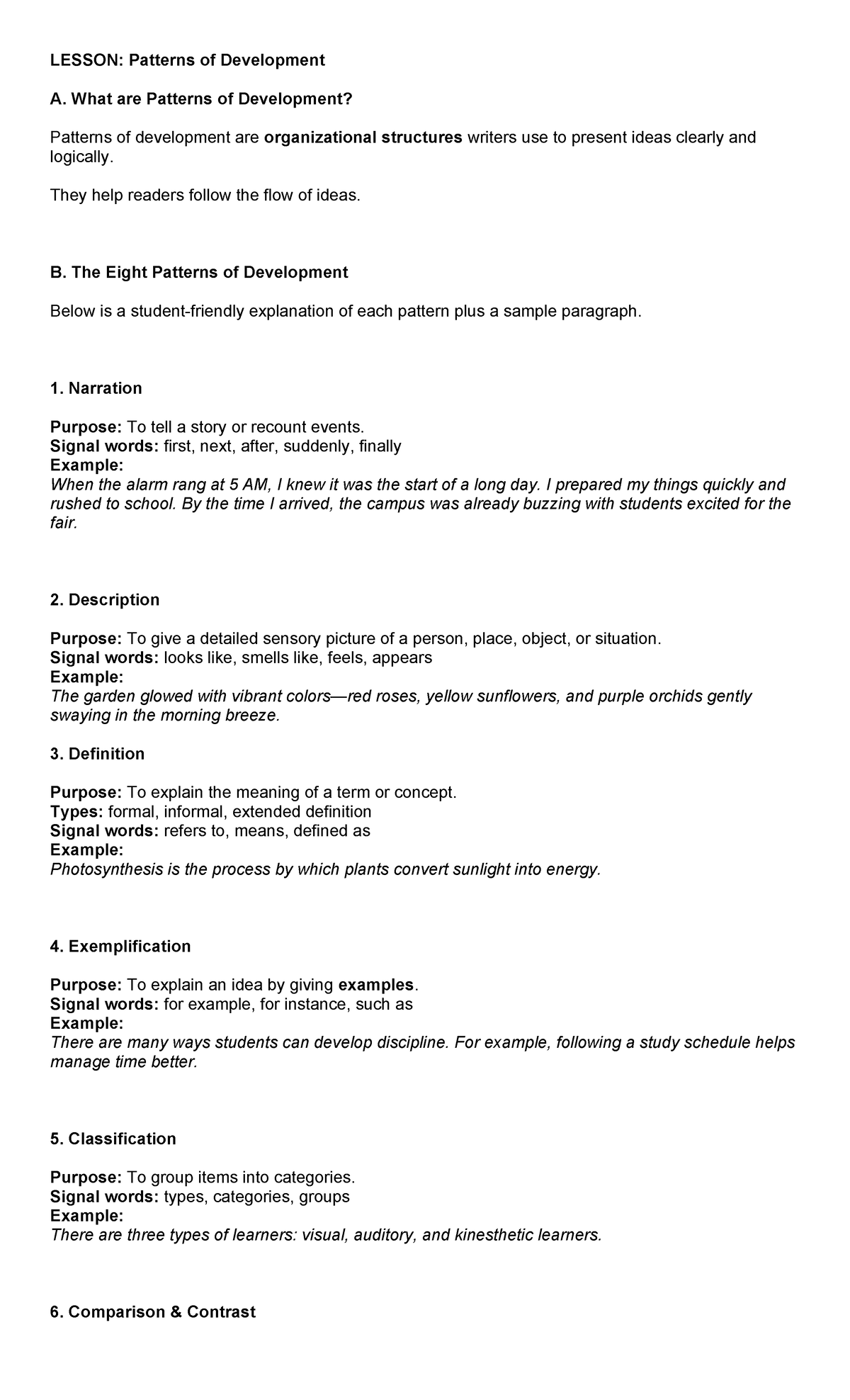 LESSON: Patterns of Development in Writing Techniques - Studocu