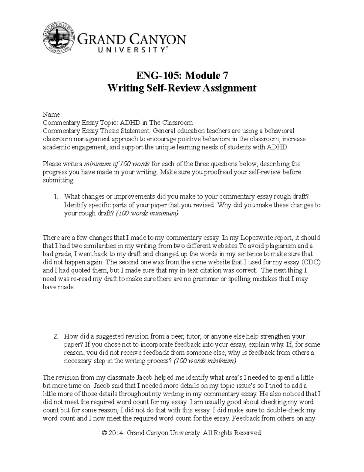 GCU ENG-101 Commentary Essay Self Review Assignment - Studocu
